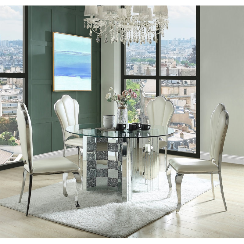 Mercer41 Joyette DINING TABLE Mirrored Faux Diamonds Dining room table Glass dining table Pedestal dining table Wayfair